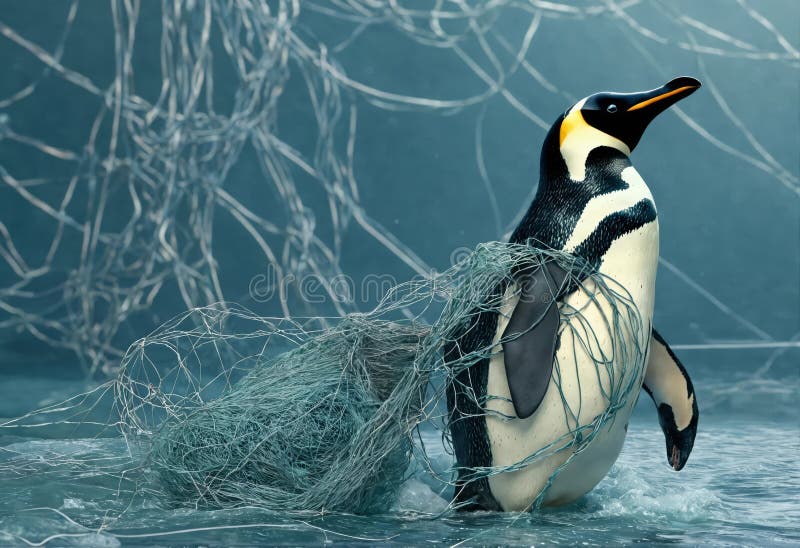 Penguin Got Tangled in a Fishing Net. Environmental Protection Stock ...