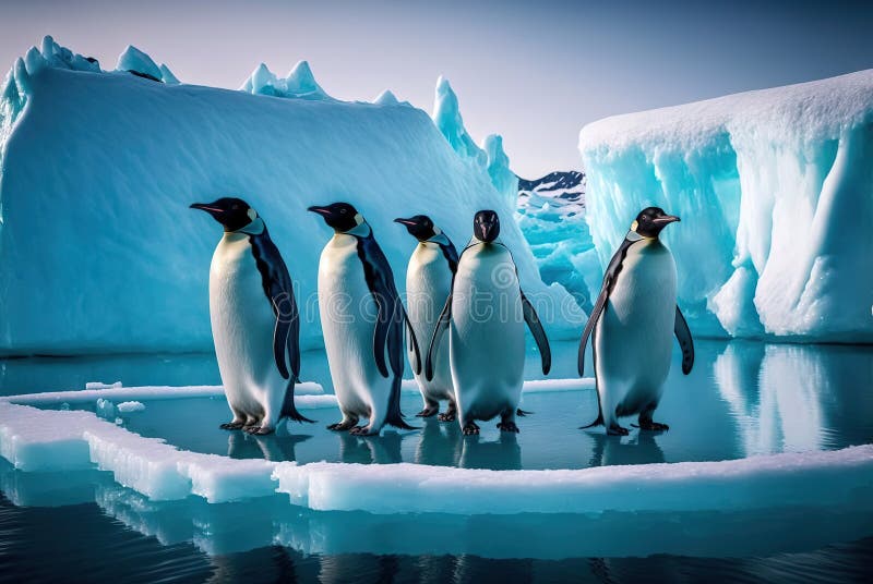 Penguin Group on Melting Iceberg, Global Warming. Generative AI Stock ...
