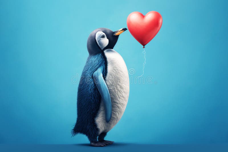 Penguin with Heart Balloon on Blue Background. Generative AI. Stock ...