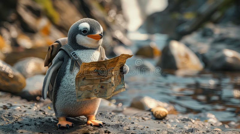A Penguin is Holding a Paper Map and Wearing a Backpack. Stock Photo ...