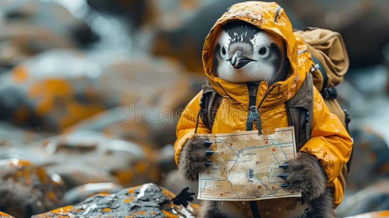 A Penguin is Holding a Paper Map and Wearing a Backpack. Stock Photo ...