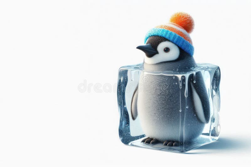 Penguin in an Ice Cube. Space for Text. Stock Image - Image of frost ...