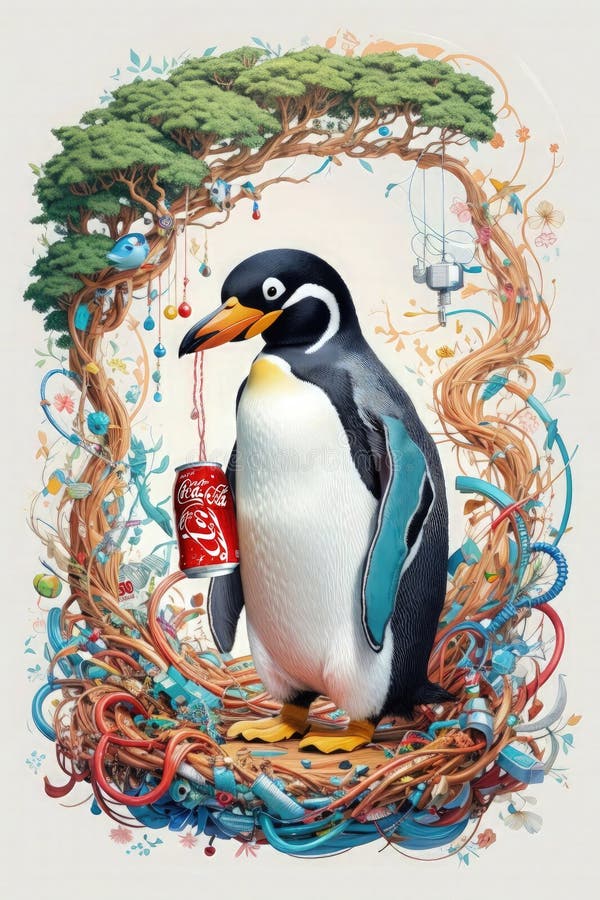 Penguin in the Nest with a Red Pepsi Can, 3d Render Stock Illustration ...