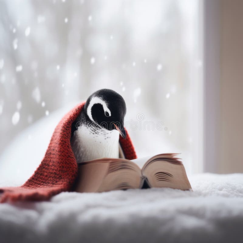 A Penguin is Reading a Book on a Bed. AI Generative Image. Stock ...