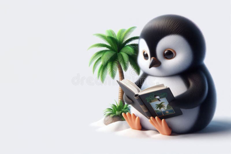 Penguin Reading a Book Next To a Palm Tree on the Island. Space for ...