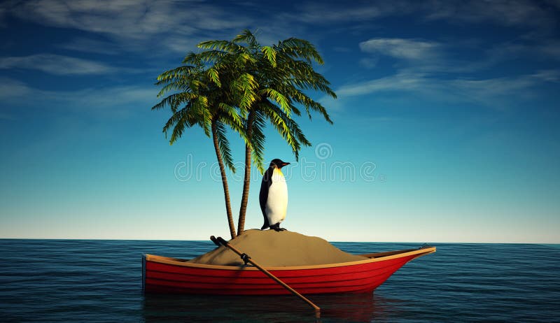 Penguin in a Boat on the Shore Stock Illustration - Illustration of ...