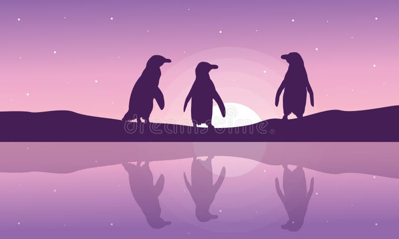 Penguin with Reflection at Night Silhouette Stock Vector - Illustration ...