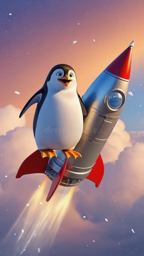 Penguin Rocket Launch Adventure Cute Character in Outer Space Stock ...