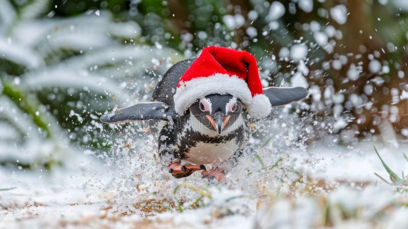 Penguin in a Santa Claus Hat Running on Snow while Looking Forward ...