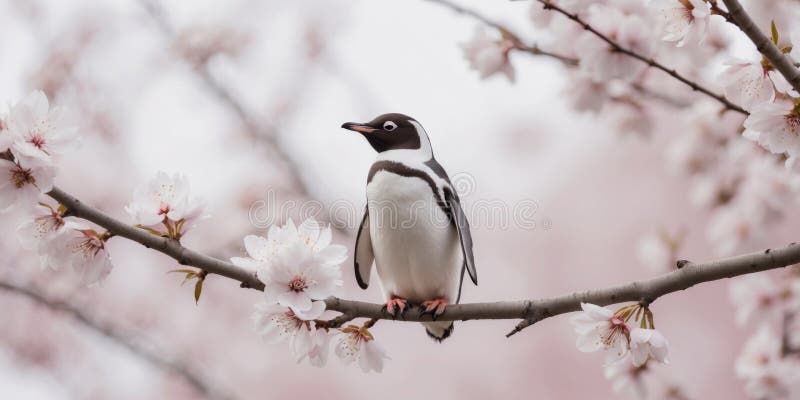 Penguin Sitting on Branch of Blossom Cherry Tree. Stock Photo - Image ...