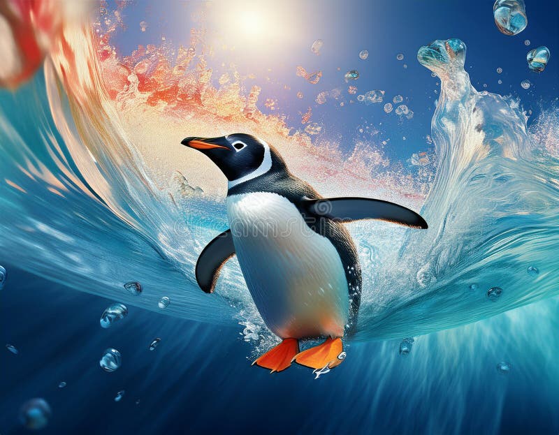 Penguin Sliding Down an Icy Wave Stock Image - Image of playful ...