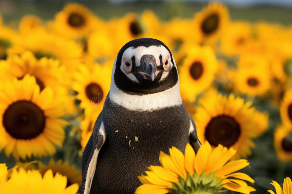 A Penguin Standing in Front of a Field of Sunflowers Stock Illustration ...