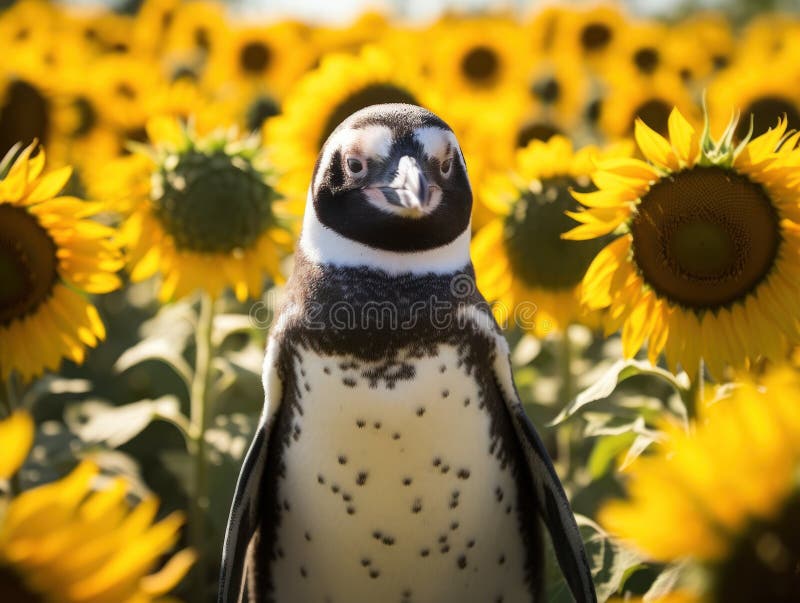 A Penguin Standing in Front of Sunflowers Stock Image - Image of ...