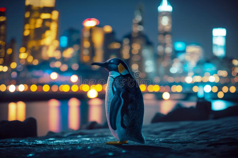 Penguin is Standing on Ledge in Front of Cityscape at Night. Generative ...
