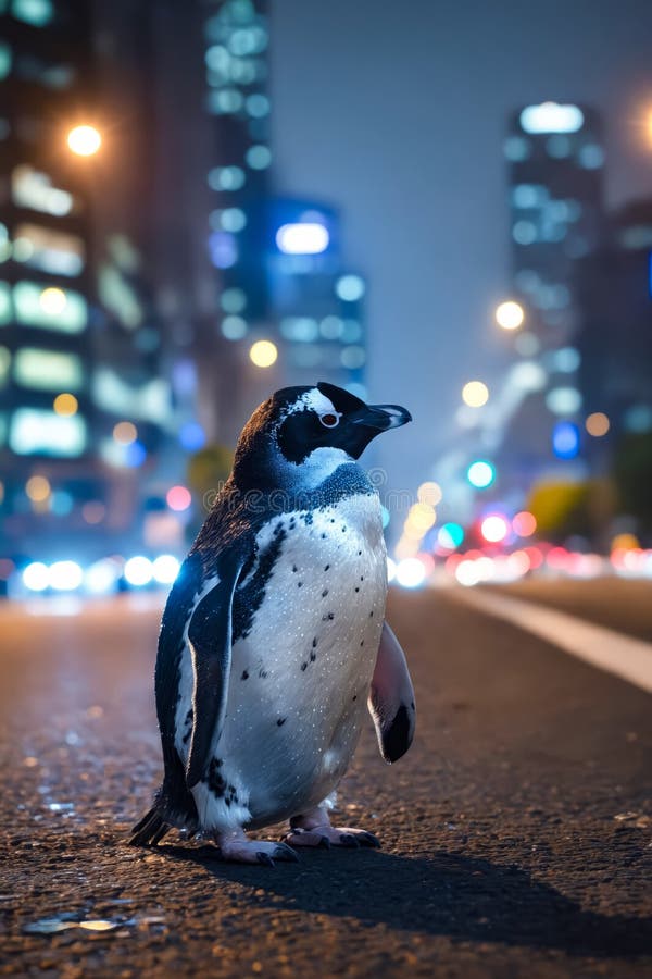 A Penguin Standing on the Side of a Road at Night. Generative AI Stock ...