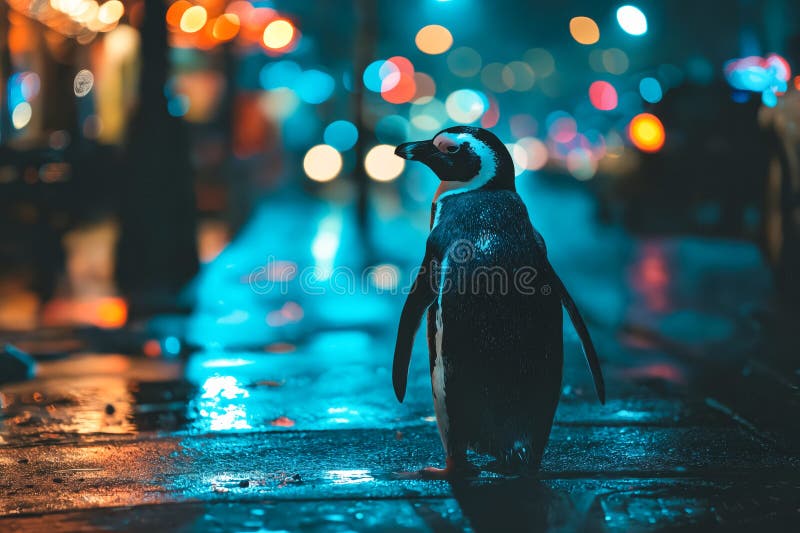 A Penguin Standing on a Wet Sidewalk in the Middle of a City at Night ...