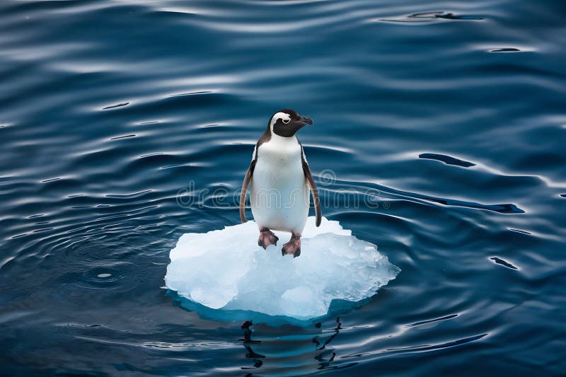 Penguin on Ice Chunk in Deep Blue Water Watching Surroundings, Possibly ...
