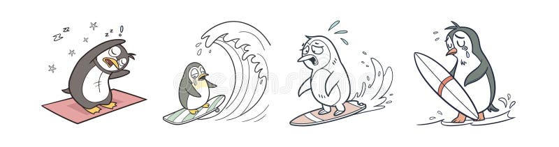 Penguin Surfing Cartoon Sequence Vector Illustration Stock Vector ...