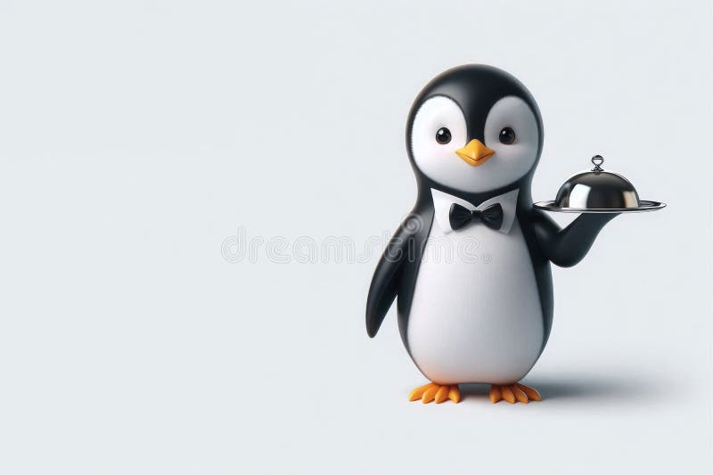 Penguin Waiter with Tray on Light Background. Space for Text. Stock ...
