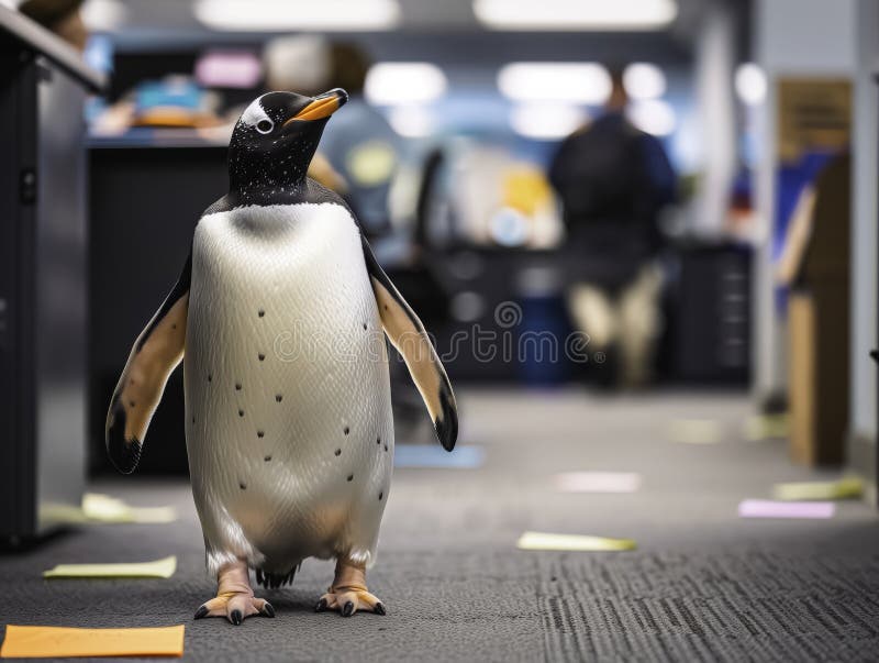 A Penguin Walking Down a Hallway between Two Desks and People Stock ...
