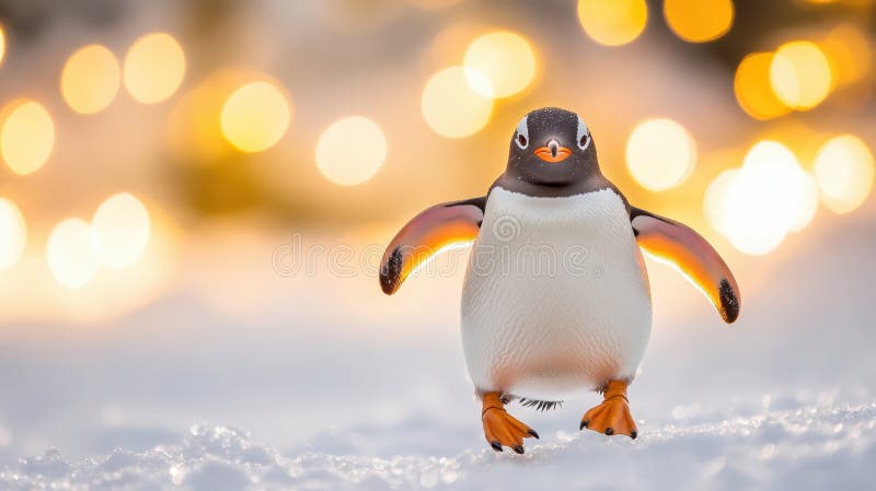 Penguin Walking on Snowy Path Surrounded by Golden Bokeh Lights. Stock ...