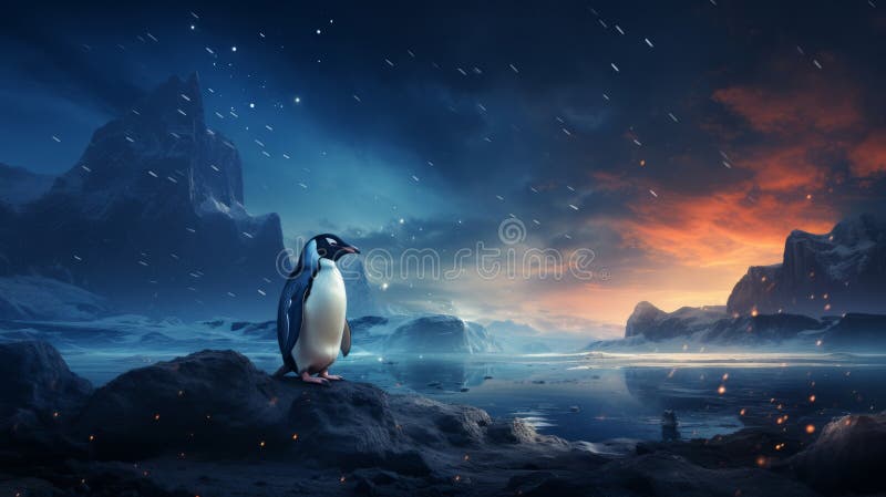 Penguin Walking Under Galaxy Night Sky. Generative AI. Stock ...