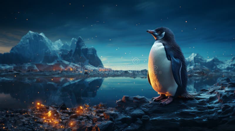 Penguin Walking Under Galaxy Night Sky. Generative AI. Stock ...