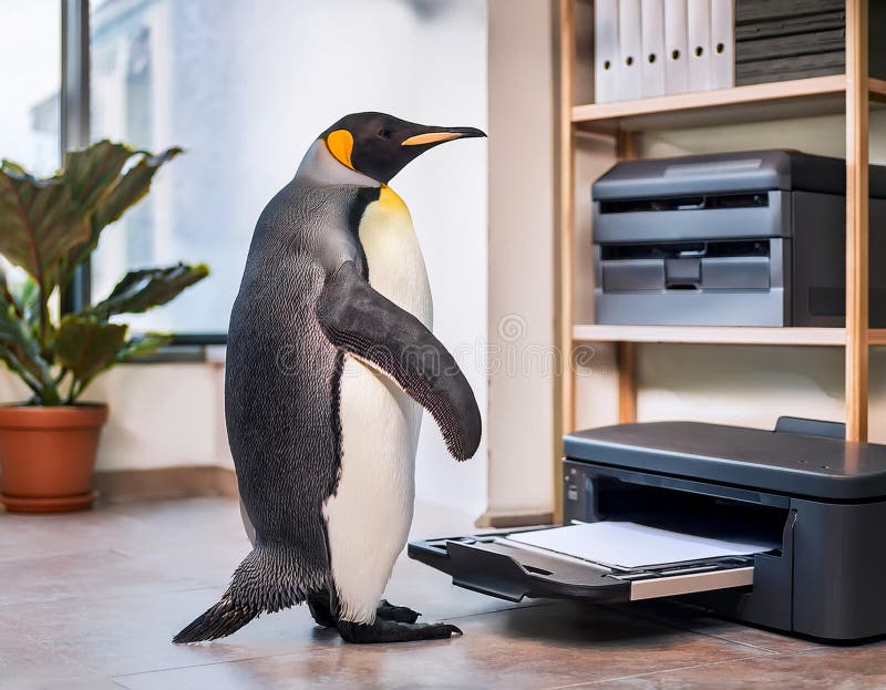 Penguin Working with Printer in Office Stock Image - Image of funny ...