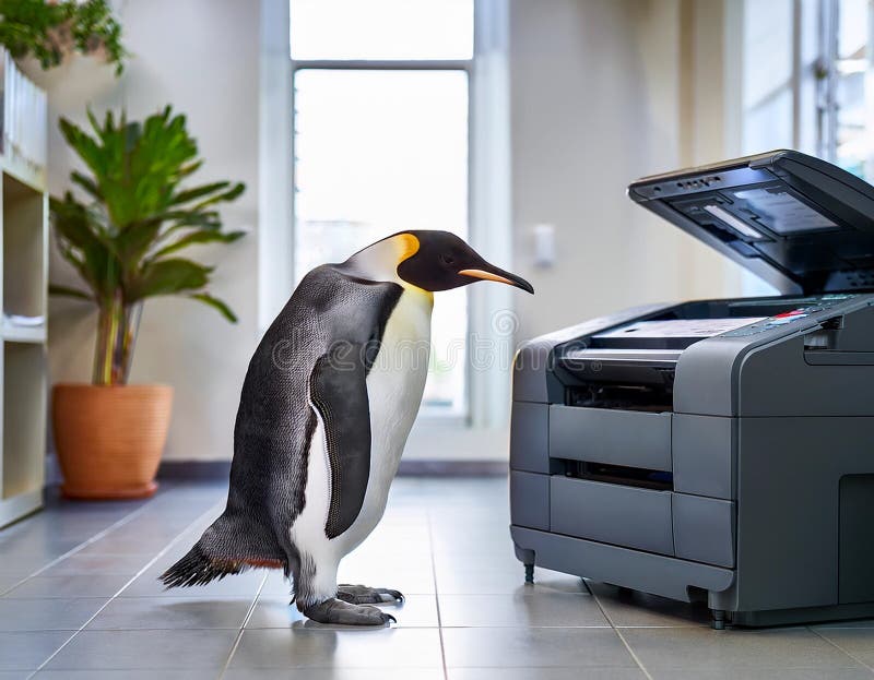 Penguin Working with Printer in Office Stock Photo - Image of modern ...