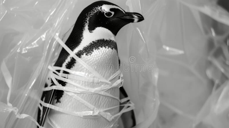 Penguin Wrapped in Plastic Strips, Environmental Concept Stock Image ...