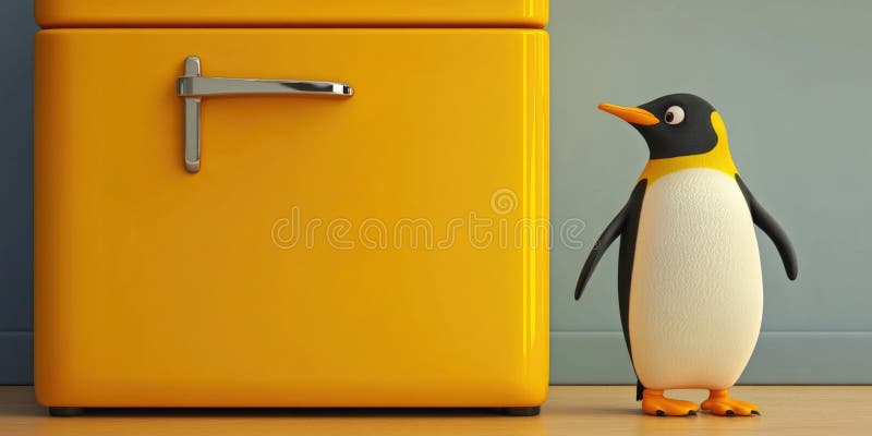 Penguin and Yellow Refrigerator Stock Photo - Image of food, furniture ...