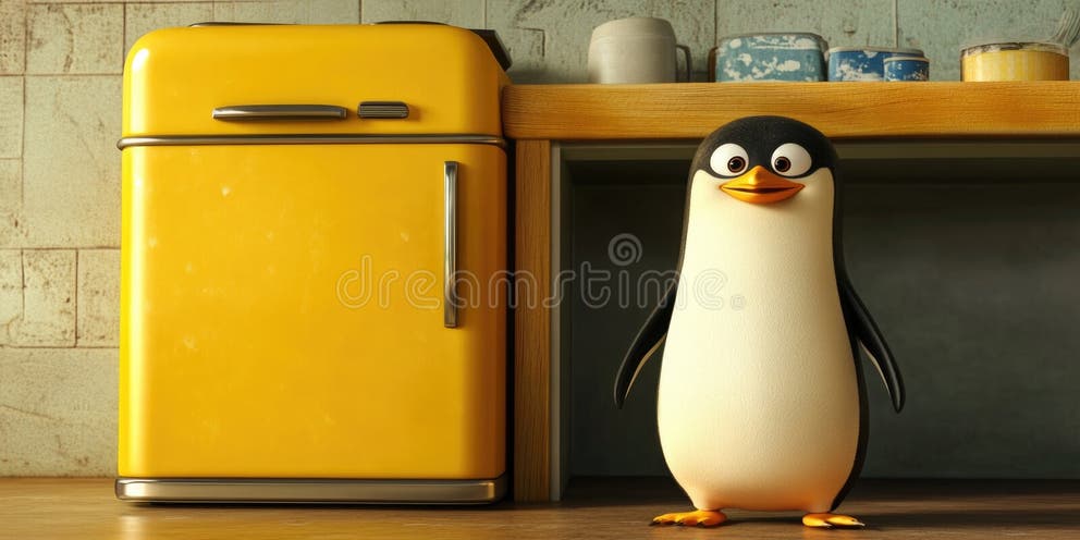 Penguin and Yellow Refrigerator Stock Photo - Image of wildlife, pets ...