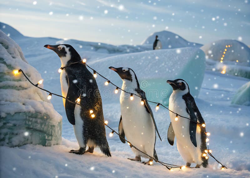 Penguins Amidst Snowfall and Holiday Lights in an Icy Landscape Stock ...