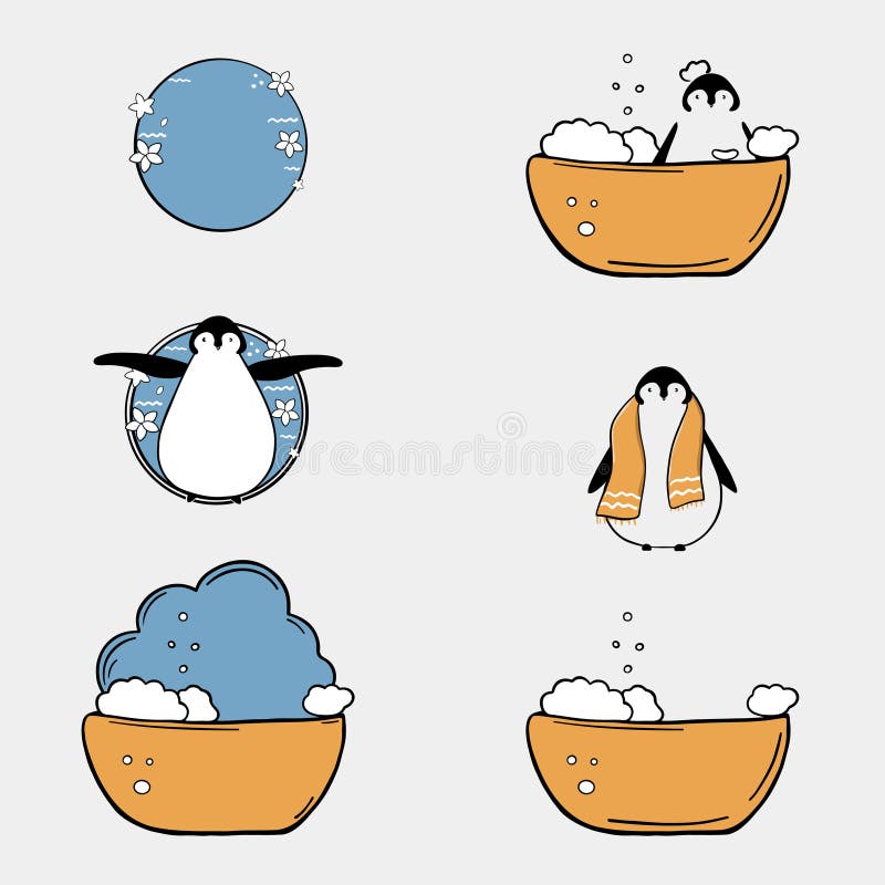 Cute Baby Penguin Taking a Bath Doodle Illustration Stock Vector ...