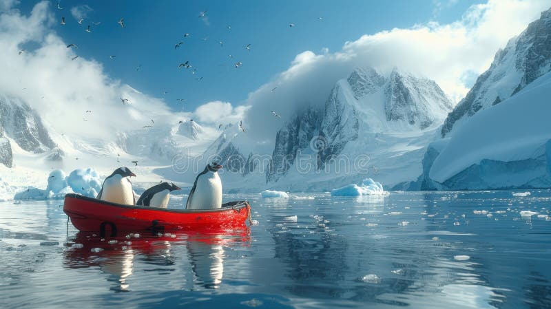 Penguins on a Boat in the Arctic . a Group of Penguins Resting on a ...
