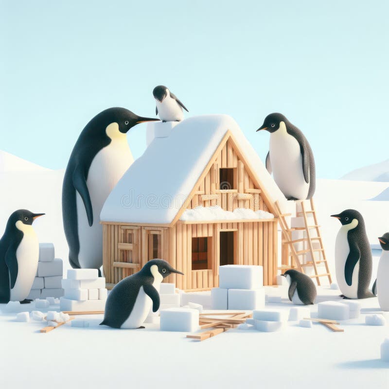 Penguins Build a House Together. Stock Illustration - Illustration of ...