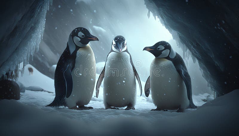 Penguins in Ice Cave. 3d Rendering. Computer Digital Drawing Stock Illustration - Illustration ...