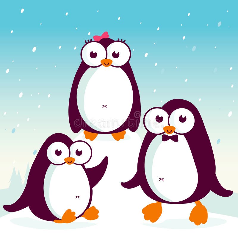 Happy Penguins in the Snow. Cartoon Cute Penguin Birds in a Winter ...