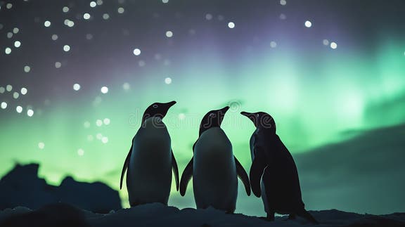 Penguins on the Ice in the Ocean Under the Night Sky Stock Illustration ...