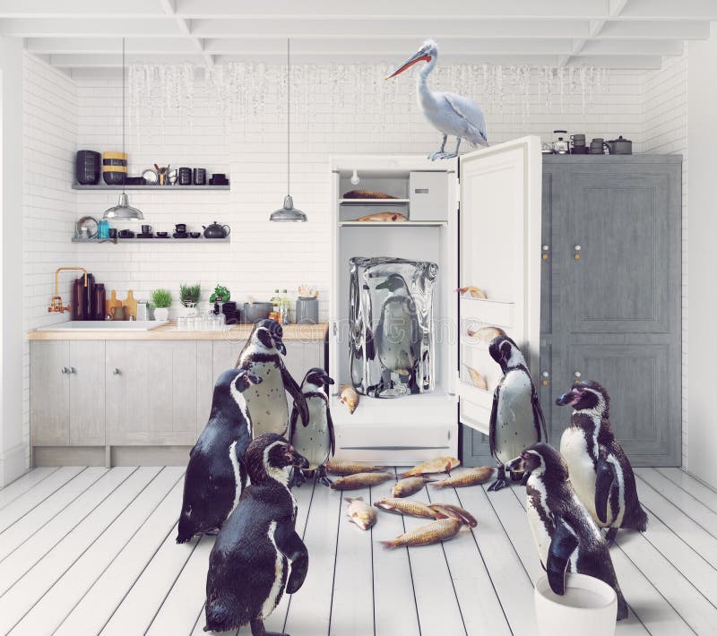 Penguins at the kitchen stock photo. Image of room, birds - 201538626