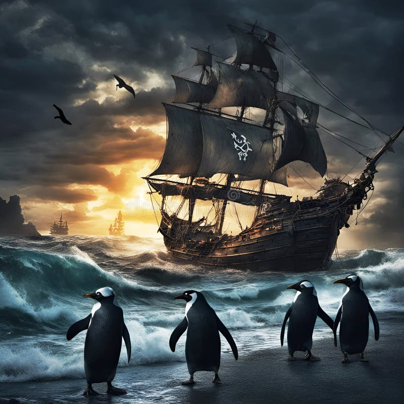 Penguins and pirate ships stock illustration. Illustration of dramatic ...