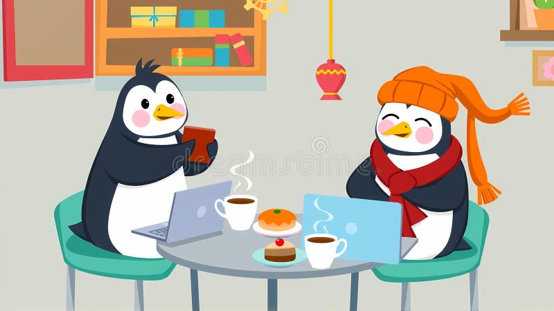 Penguins Sitting Doing Work on Laptops in Cozy Cafe Stock Illustration ...