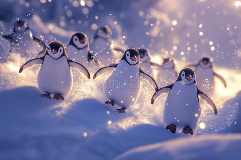 Penguins Sliding Down Snowy Hill Stock Illustration - Illustration of ...