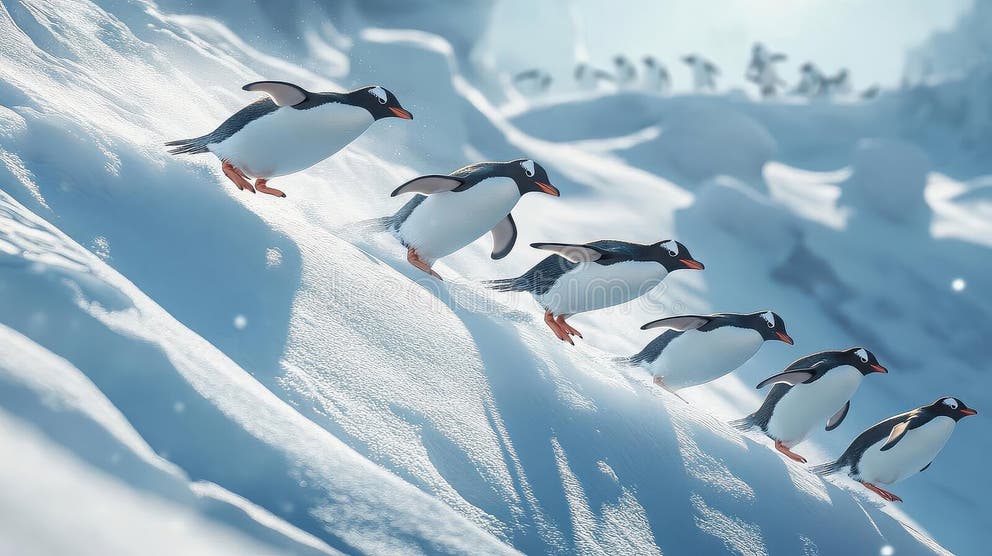 Penguins Sliding Down Snowy Slope Stock Illustration - Illustration of ...