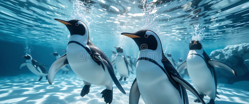 Penguins Swimming Underwater with Bubbles and Rocks Stock Image - Image ...