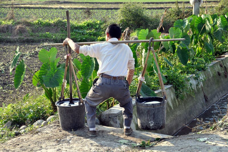 Pengzhou, China: Farmer Lifting Water Buckets Editorial Photography ...