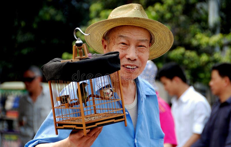 Pengzhou, China: Old Man With Birdcage Editorial Photo - Image of bird ...