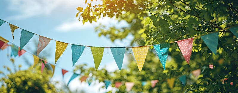 Pennant on String Decoration in Green Tree Foliage on Blue Sky ...