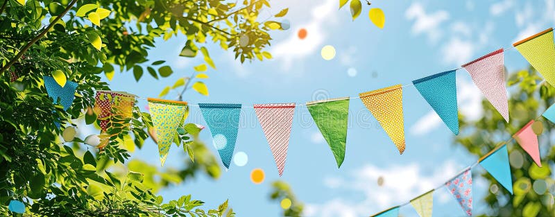 Pennant on String Decoration in Green Tree Foliage on Blue Sky ...