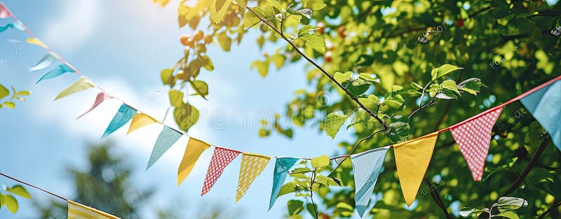 Pennant on String Decoration in Green Tree Foliage on Blue Sky ...